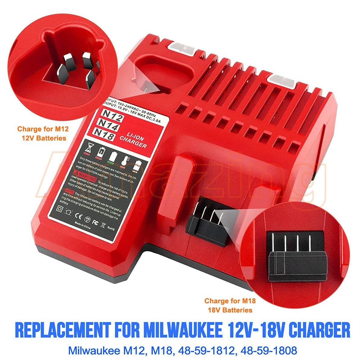 12-18V Rapid Charger M12-18C for Milwaukee M12 M18 48-11-1850 Li-ion B ...